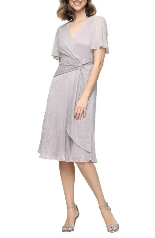 SL FASHIONS Knot Front Metallic Cocktail Dress - Pearl