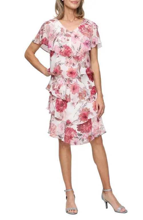 SL FASHIONS Floral Tiered Ruffle Chiffon Dress