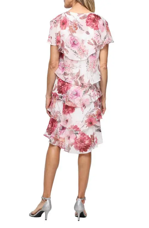 SL FASHIONS Floral Tiered Ruffle Chiffon Dress