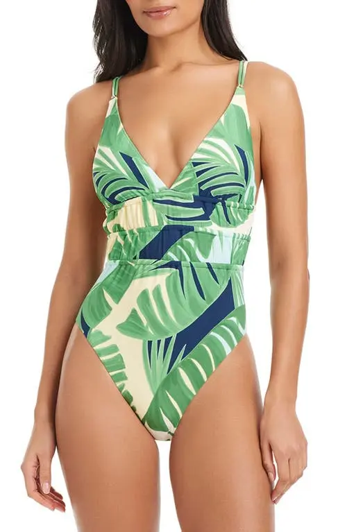 Sanctuary Shirred Cutout One-piece Swimsuit - Green Multi