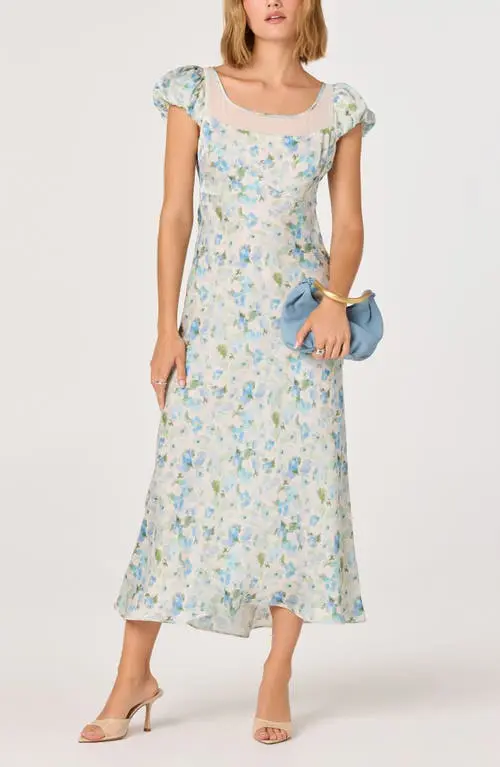 Astr The Label Erma Floral Puff Sleeve Empire Waist Midi Dress - Blue Floral