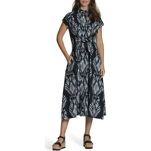 APNY Tie Front Cotton Midi Dress - Blacknatural