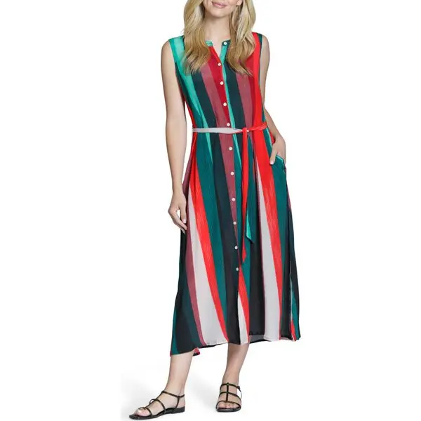 APNY Stripe Belted Midi Shirt Dress - Red Multi