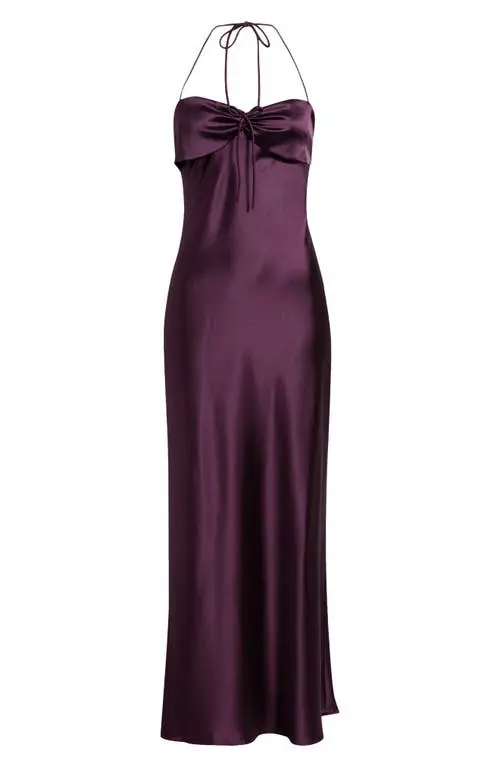 Princess Polly Fireproof Ruched Halter Satin Gown - Plum