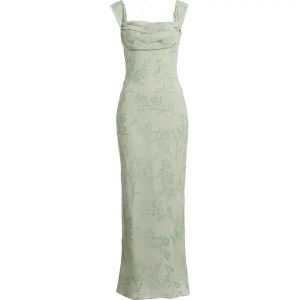 Princess Polly Azura Off The Shoulder Floral Burnout Gown - Green Burnout