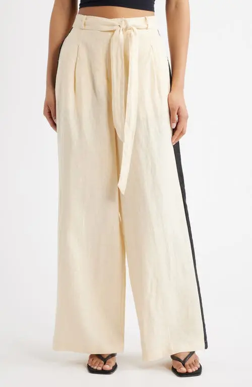 Mango Side Stripe Linen Drawstring Pants - Ecru