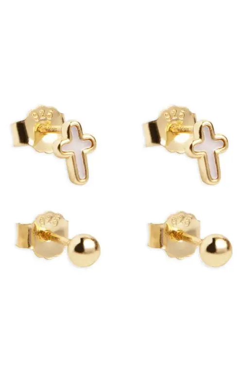 Argento Vivo Cross And Ball Stud Earrings Set - Gold