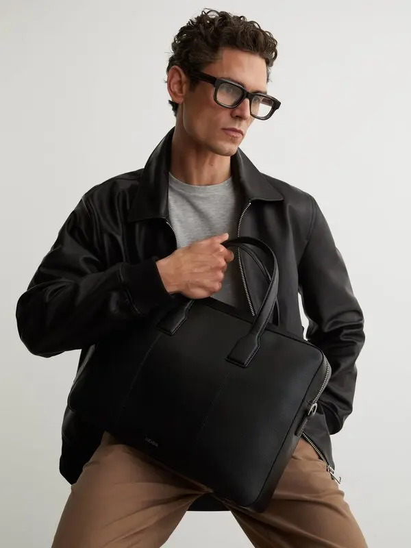 REISS Carlos Micro-grain Leather Briefcase - Black