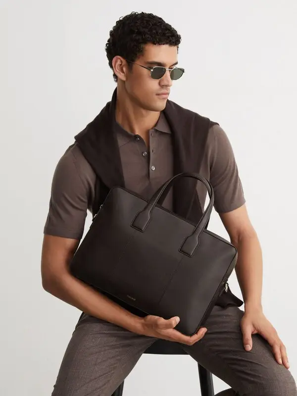REISS Carlos Micro-grain Leather Briefcase - Dark Brown