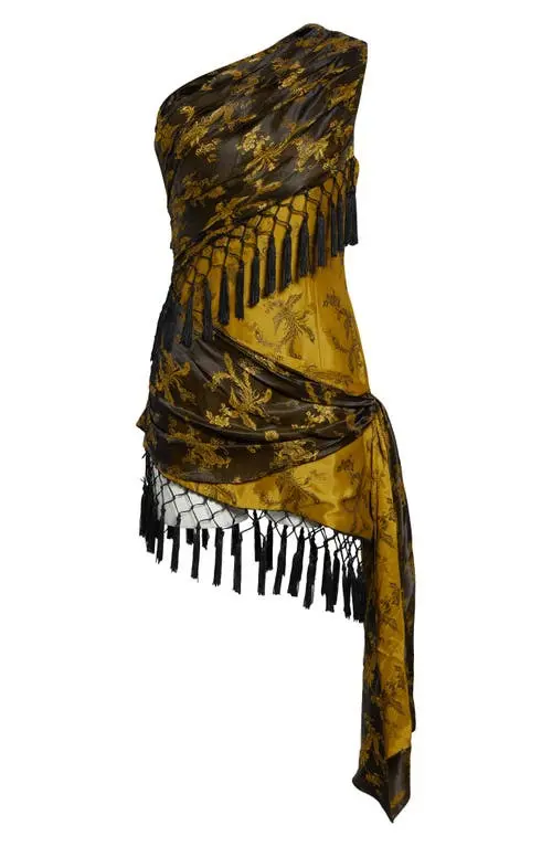 KIM SHUI Andrea Fringe Silk Jacquard One-shoulder Minidress - Black/yellow