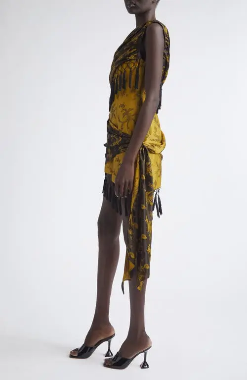 KIM SHUI Andrea Fringe Silk Jacquard One-shoulder Minidress