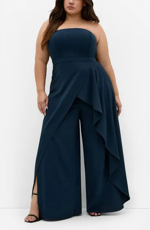 City Chic Strapless Ruffled Jumpsuit - Navy