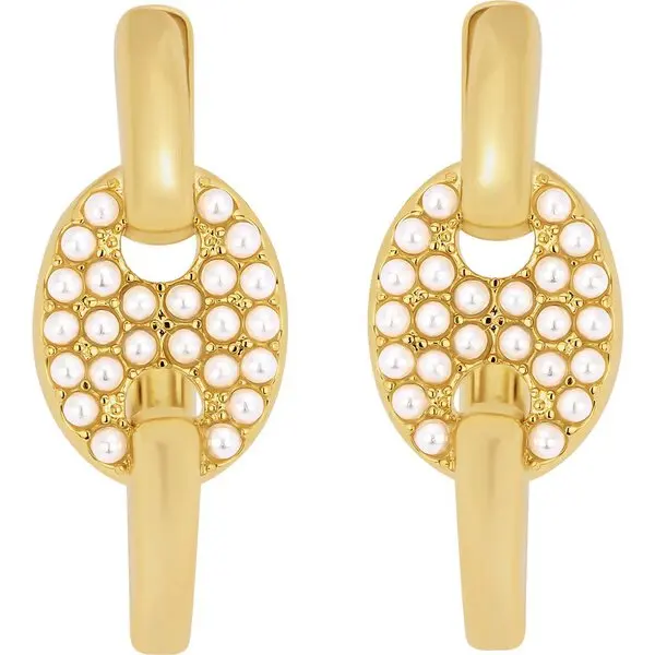 ATHRA LUXE Modern Muse Faux Pearl Mariner Huggie Hoop Earrings - Gold