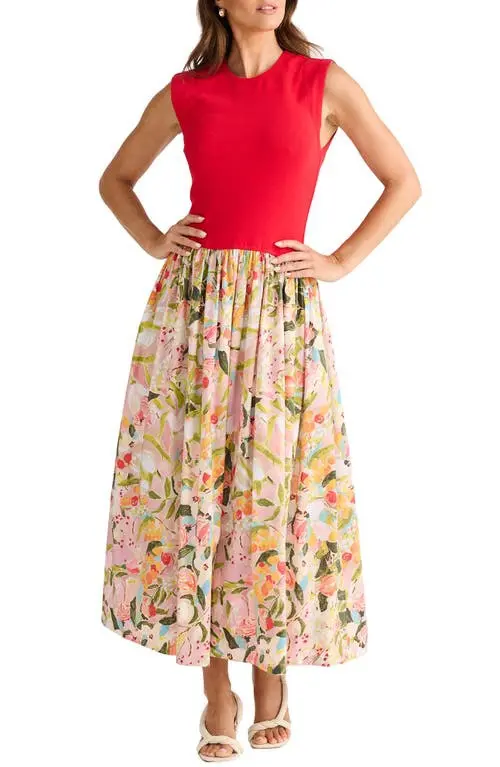 BRAVE+TRUE Daphne Floral Mixed Media Midi Dress - Zoes Garden W Red