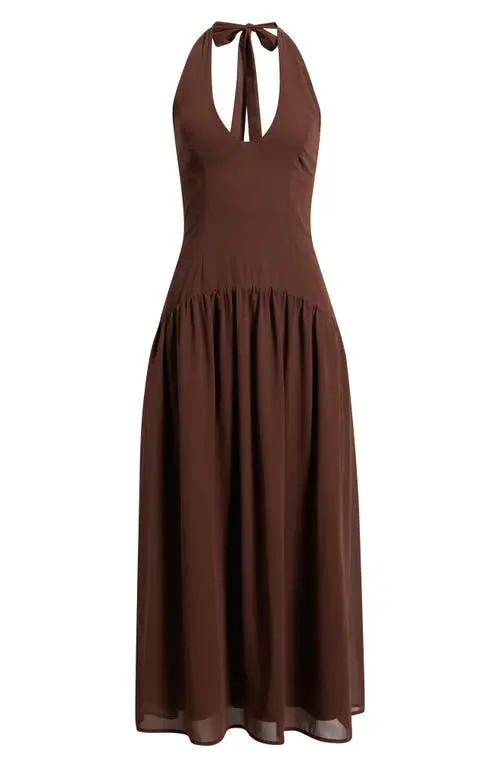Princess Polly Chestnut Halter Neck Drop Waist Maxi Dress - Brown