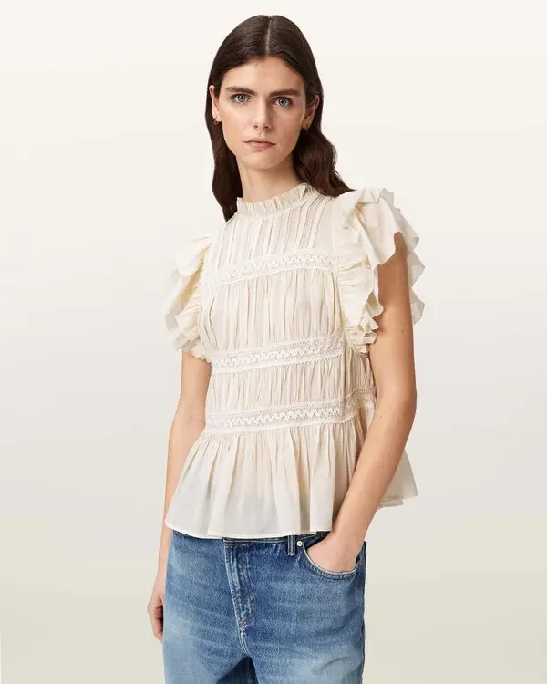 ALLSAINTS Harriet Short Sleeve Ruched Relaxed Fit Top - Dove White
