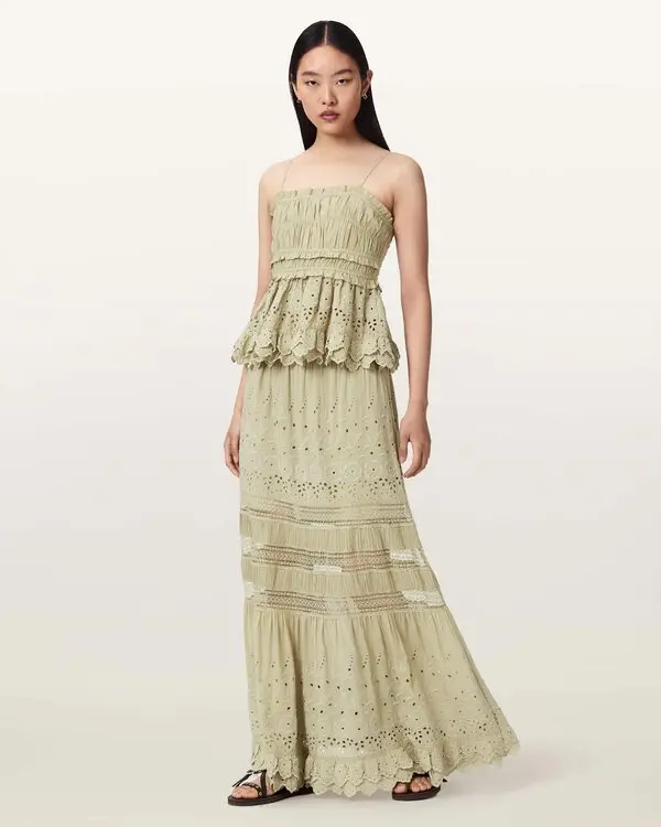 ALLSAINTS Embroidered Tiered Maxi Skirt - Haze Green