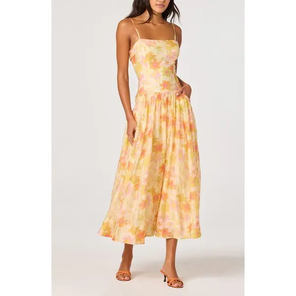 Astr The Label Ovina Floral Chiffon Midi Dress - Yellow Floral