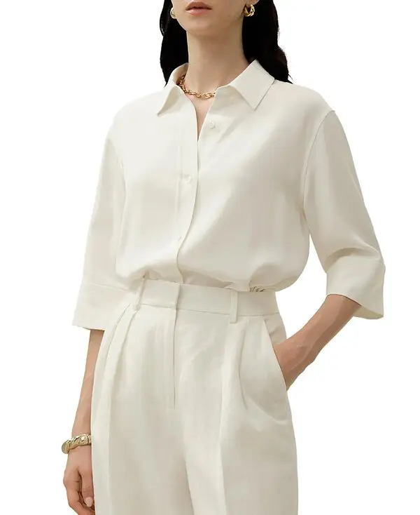 Lilysilk Heavy Silk Crepe Relaxed Half-sleeve Shirt - Natural White