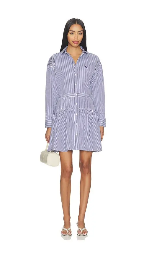 Polo Ralph Lauren Collared Long Sleeve Dress - White & Fall Royal