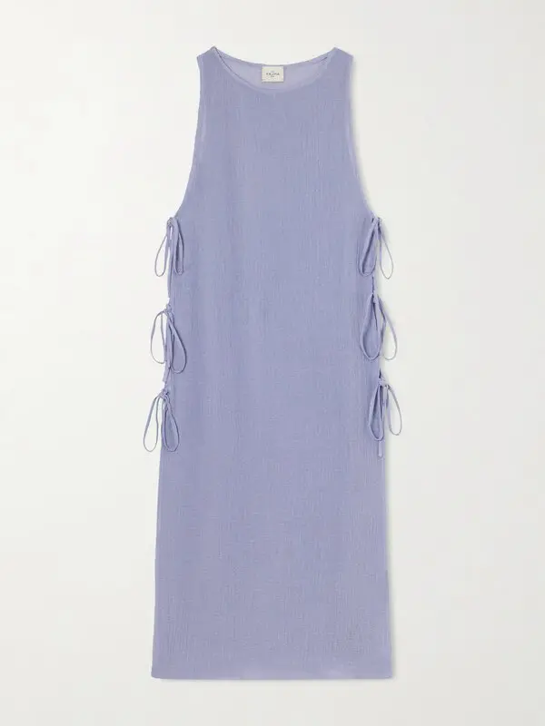 Le Kasha Jarajug Organic Linen Midi Dress With Side Ties - Blue