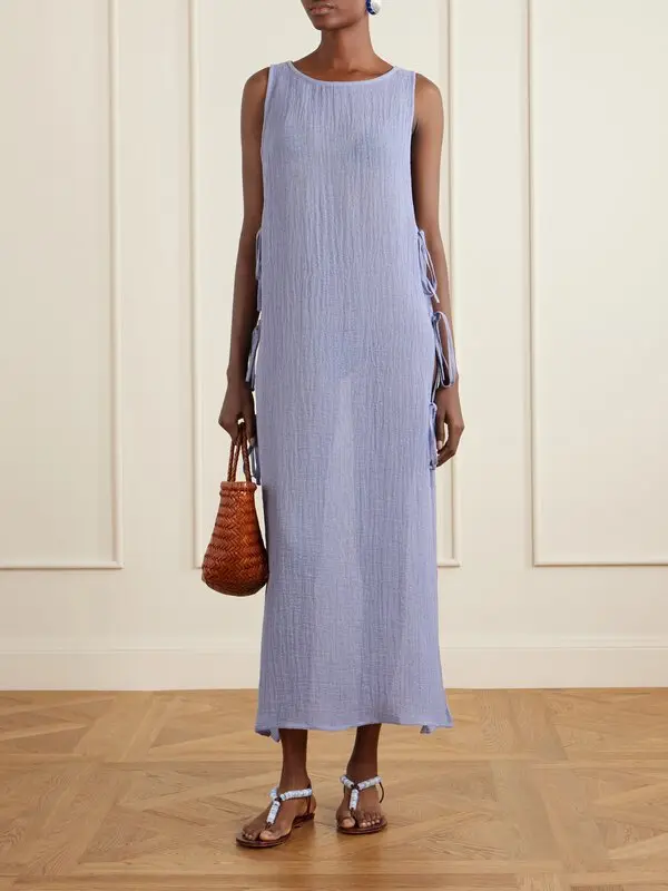 Le Kasha Jarajug Organic Linen Midi Dress With Side Ties - Blue