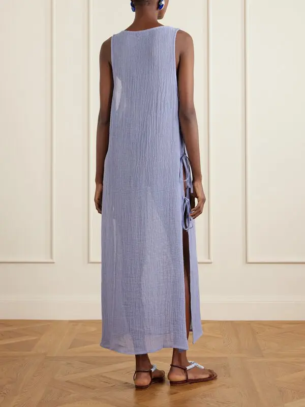 Le Kasha Jarajug Organic Linen Midi Dress With Side Ties - Blue