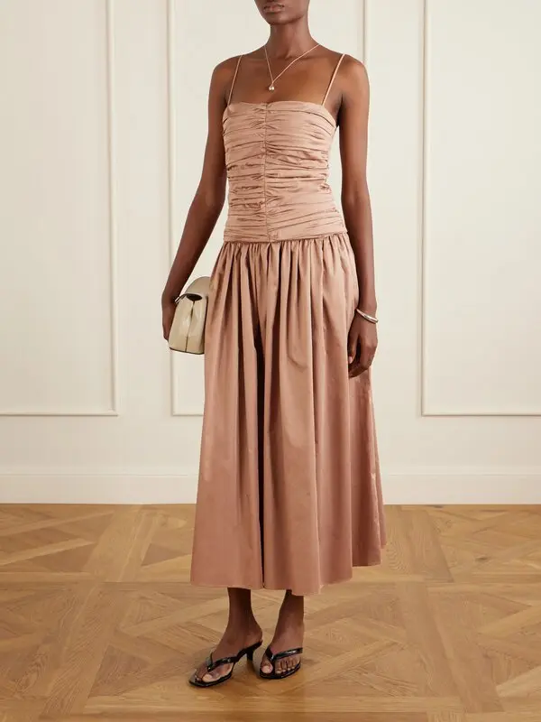 Tove Amina Gathered Organic Cotton Midi Dress - Neutrals
