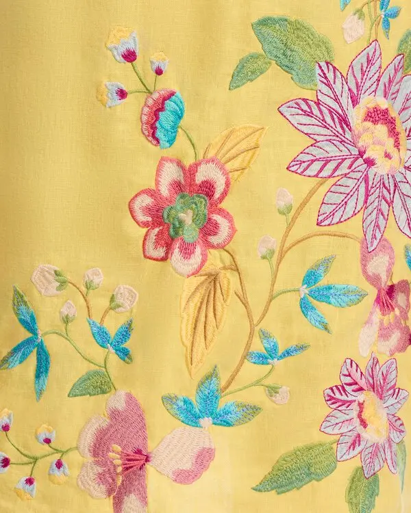 Johnny Was Embroidered Linen Button Neck Dress
