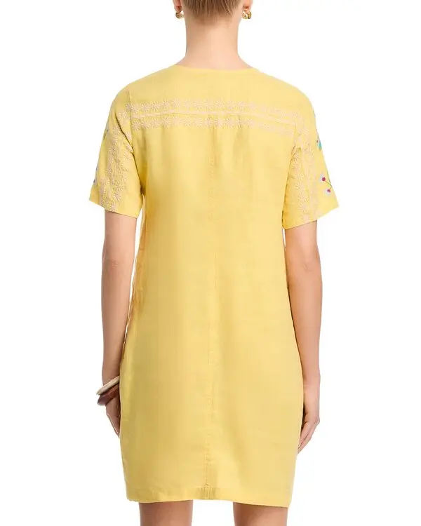 Johnny Was Embroidered Linen Button Neck Dress