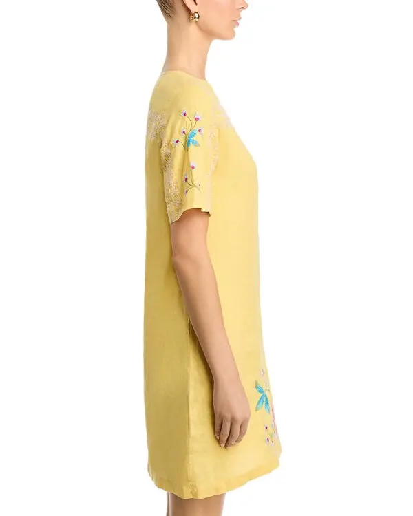 Johnny Was Embroidered Linen Button Neck Dress