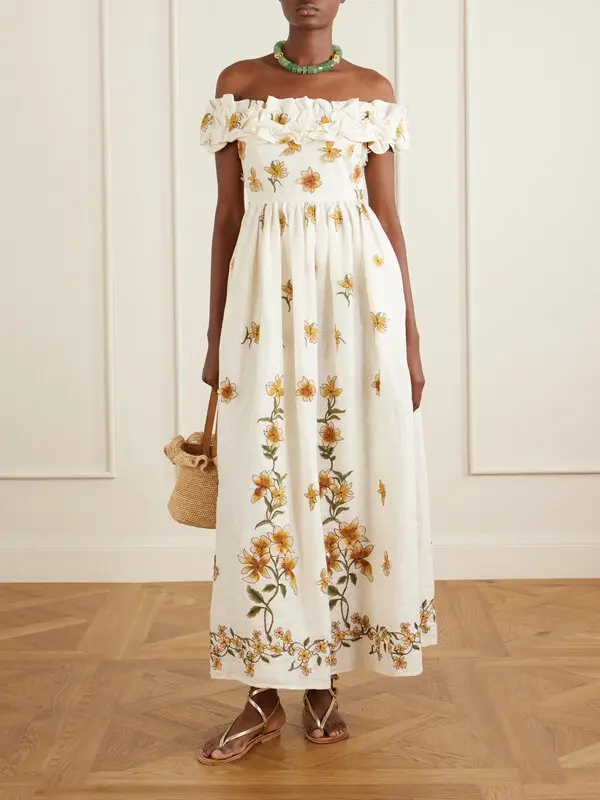 Agua Bendita Espliego Linen Floral Maxi Dress