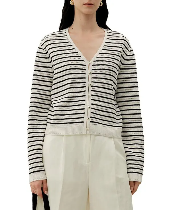 Lilysilk Toscana Striped Pointelle Cardigan - White With Black Stripes