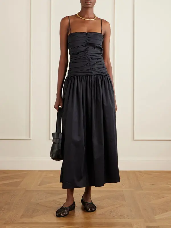 Tove Amina Gathered Organic Cotton Midi Dress - Black