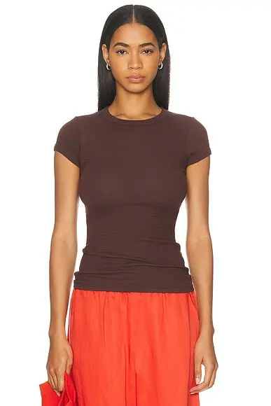 Enza Costa Textured Rib Cap Sleeve Crewneck Tee - Chocolate