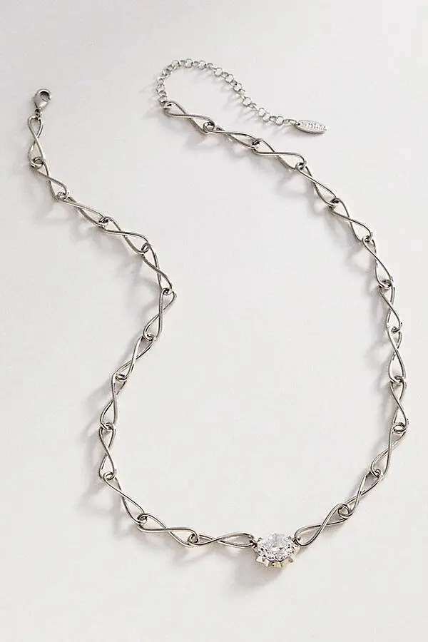 Anthropologie Twist Chain Bezel Crystal Necklace - Silver