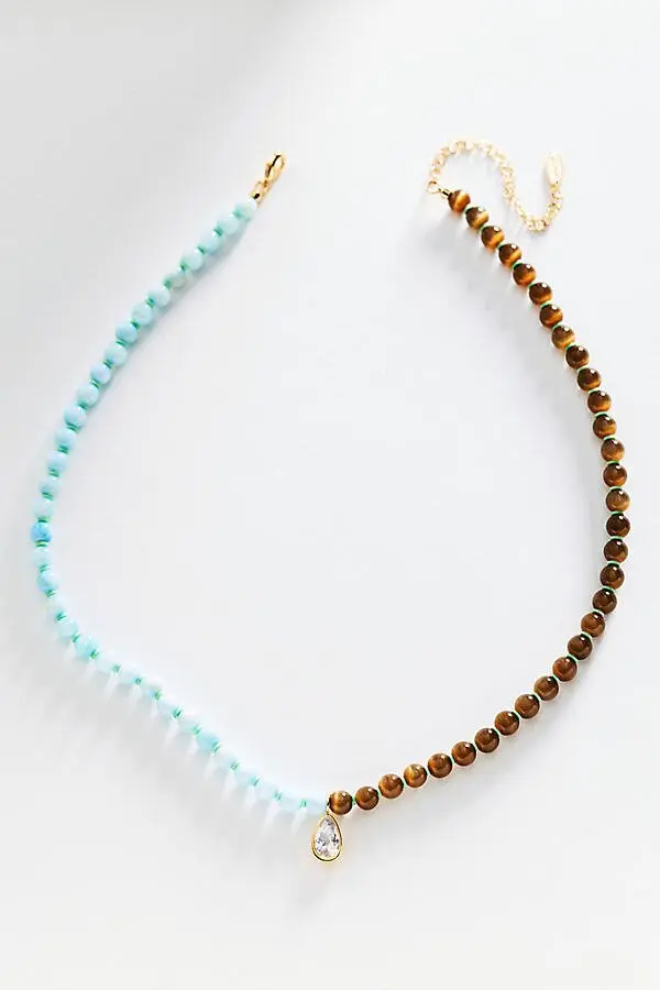 Anthropologie Colorblock Beaded Pendant Necklace - Blue/brown