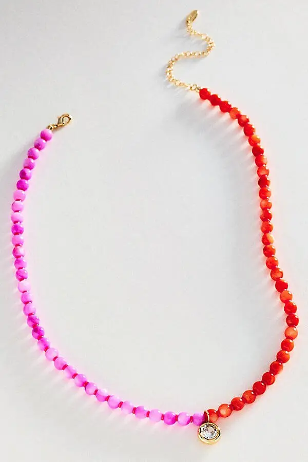 Anthropologie Colorblock Beaded Pendant Necklace - Pink/orange
