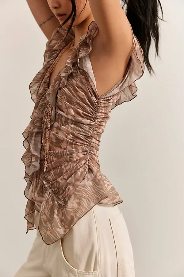 Free People Printed Ruffled Top - Tan Combo