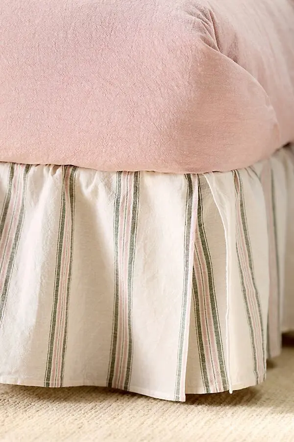 Anthropologie Linen Cotton Yarn Dyed Stripe Bed Skirt - Green Stripe