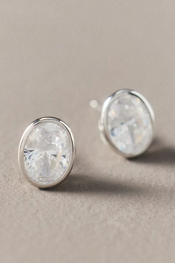 Shashi Oval Bezel Crystal Post Earrgs - Silver