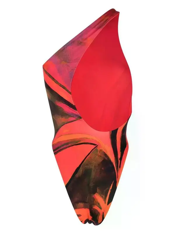 LOUISA BALLOU One-shoulder Abstract Print Swimsuit - Red