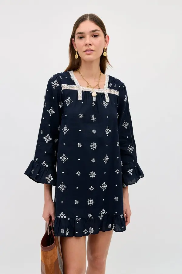Rixo Susana Embroidered Mini Dress - Navy