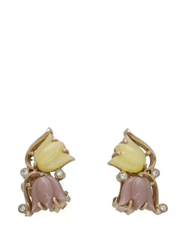 Vintage Floral-motif Crystal-embellished Clip-on Earrings - Gold