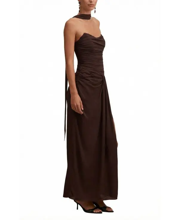 EVER NEW Arli Strapless Ruched Maxi Dress With Detachable Scarf - Chocolate