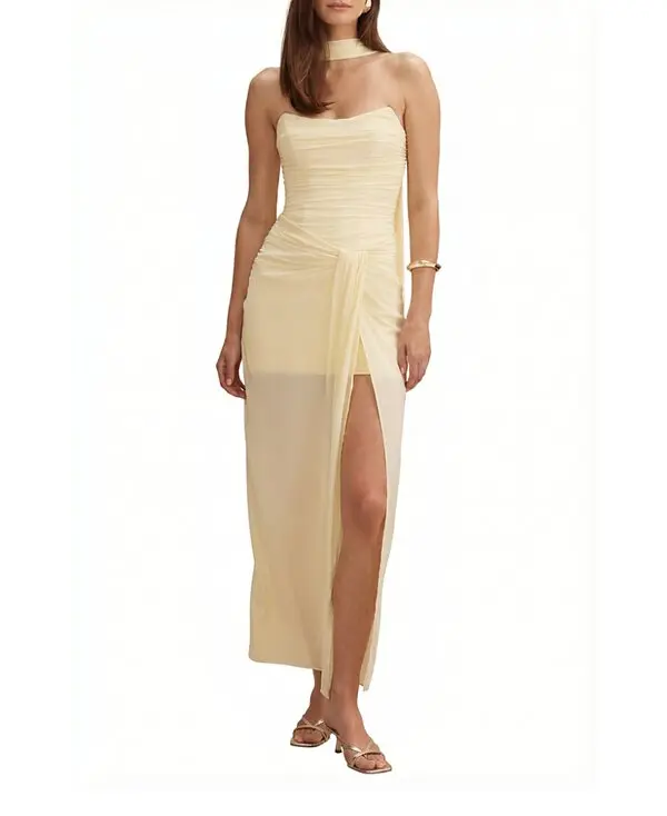EVER NEW Arli Strapless Ruched Maxi Dress With Detachable Scarf - Lemon
