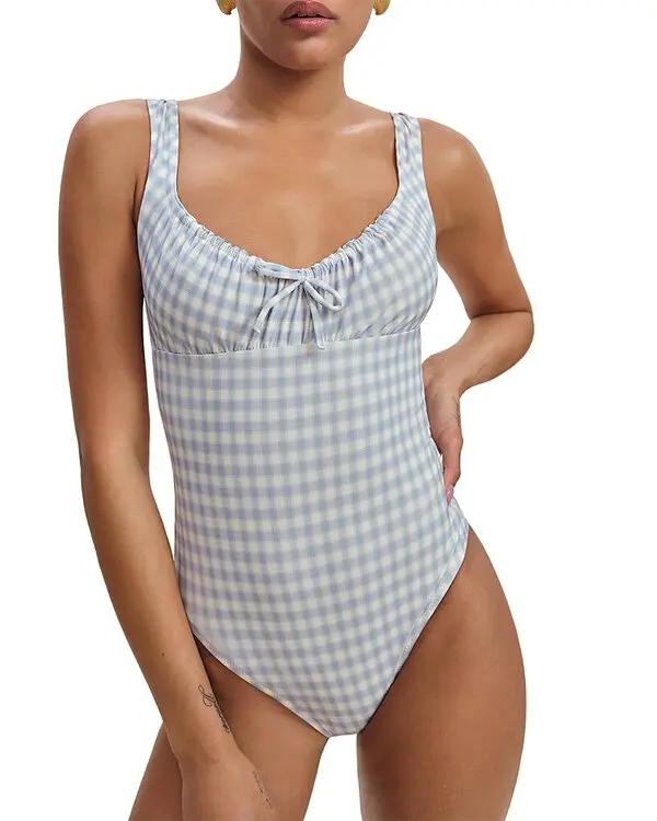 REFORMATION Bahia Polka Dot One Piece Swimsuit - Crystal Check