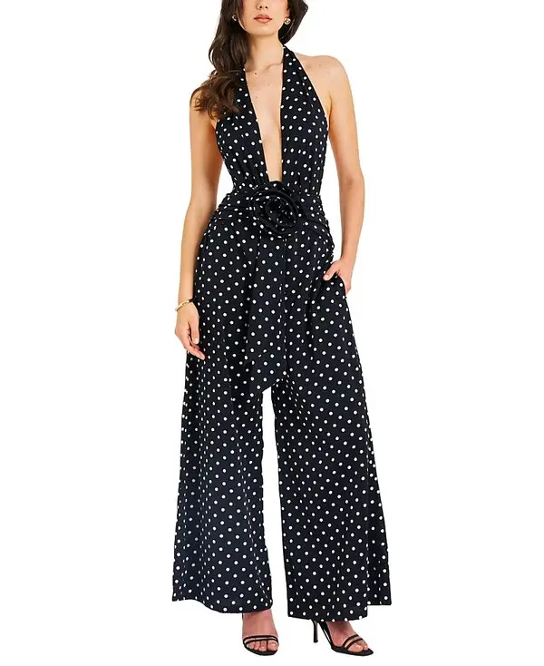MISS CIRCLE NEW YORK Oriana Polka Dot Halter Jumpsuit - Black