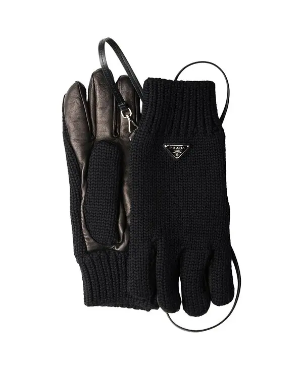 Prada Wool And Nappa Leather Gloves - Black