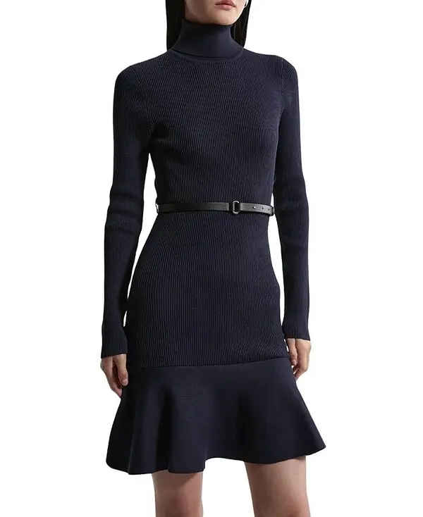 Karen Millen Roll Neck Belted Flippy Hem Mini Dress - Navy